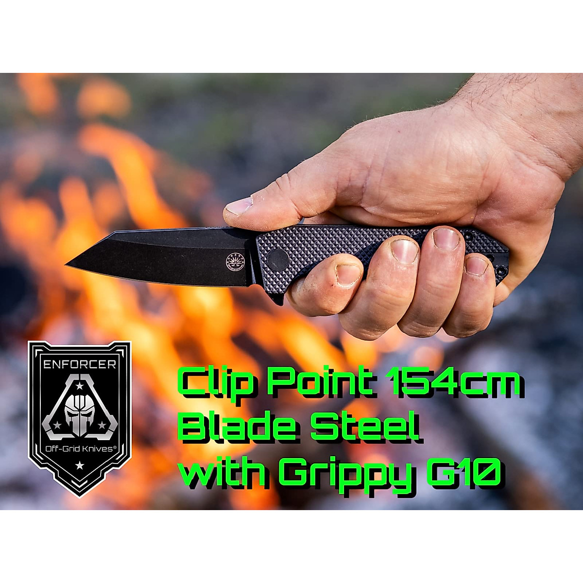 Off-Grid Knives - Enforcer EDC Folding Knife with 154CM Blade Steel, Grippy G10 Scales, Deep Pocket Carry Left or Right Hand (Blackout 154CM)