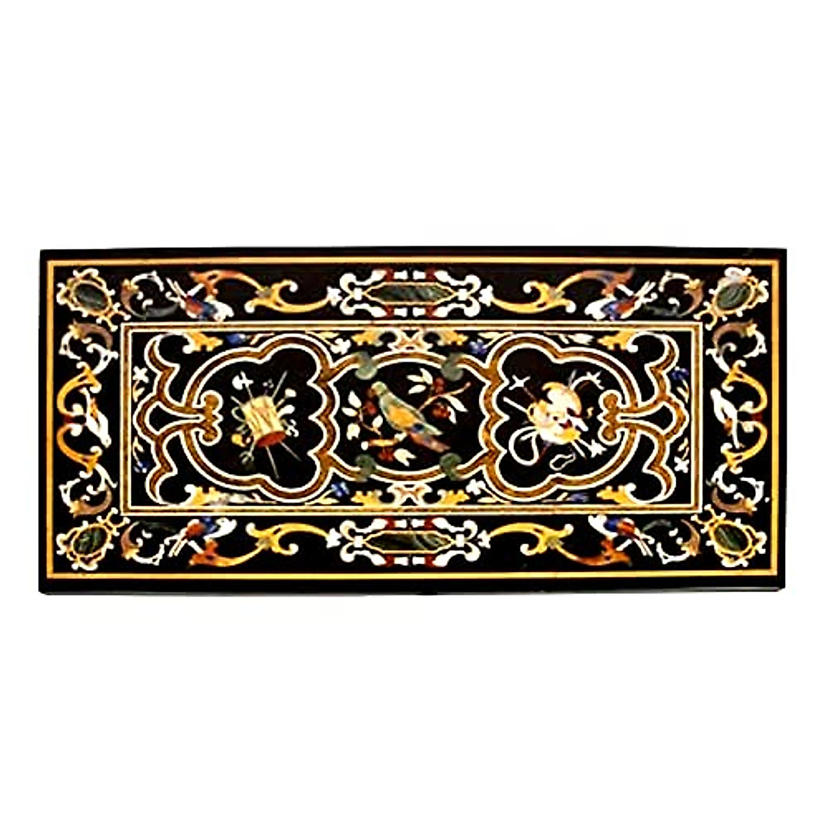 48" X 24" Inch Natural Black Marble Dining Table Pietra Dura Floral Marquetry Patio Table, Outdoor Furniture Table, Italian Style Table