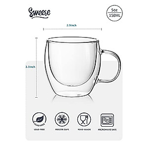 Sweese Espresso Cups, Double Wall Insulated Glass Coffee Mugs, 5 Ounce, Set of 2, Perfect for Espresso Shot, Tea and Juice
