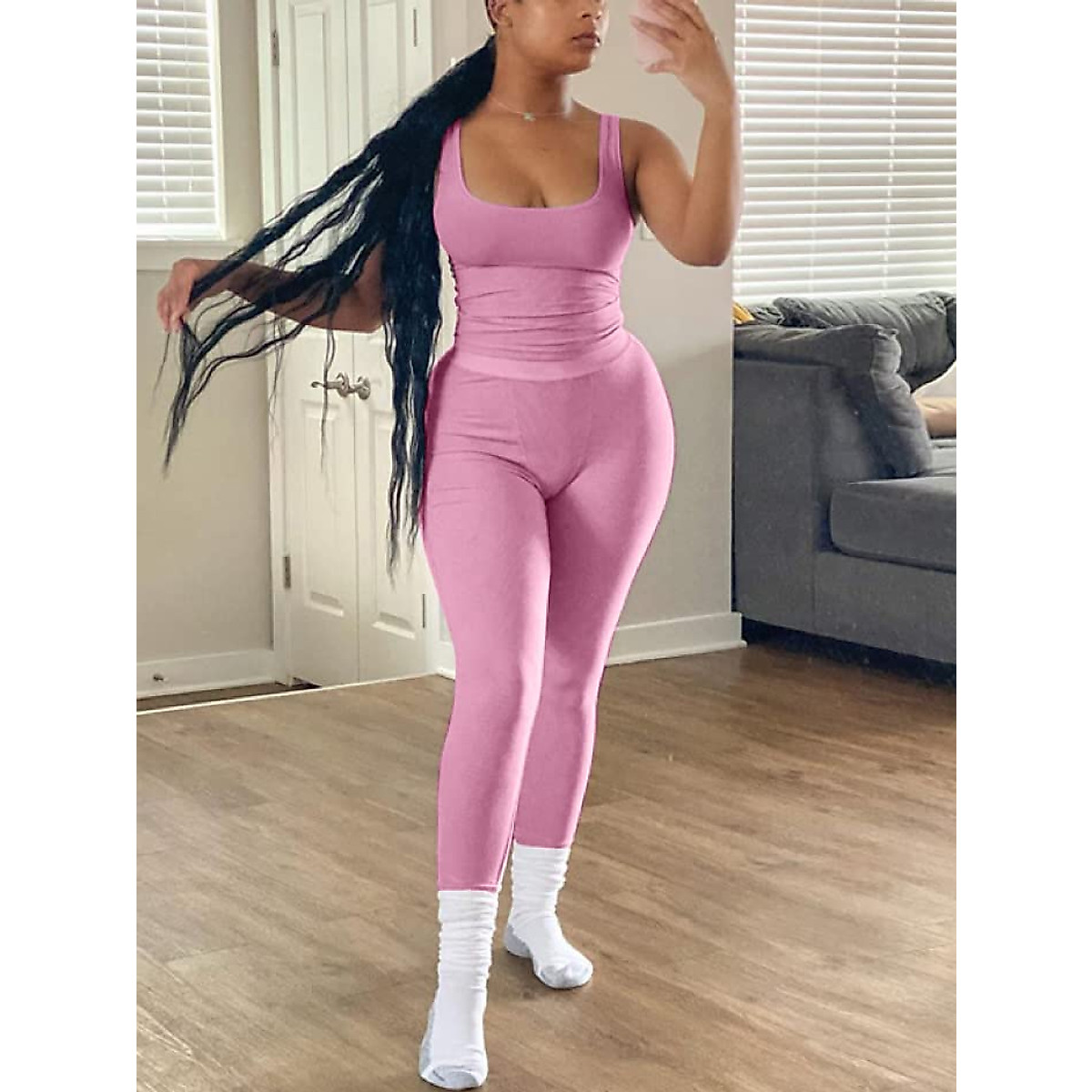 AYWA Casual Workout Sets Two Piece Outfits for Women Ribbed Crop Tank Top High Waist Leggings Active Wear (Pink, X-Small)