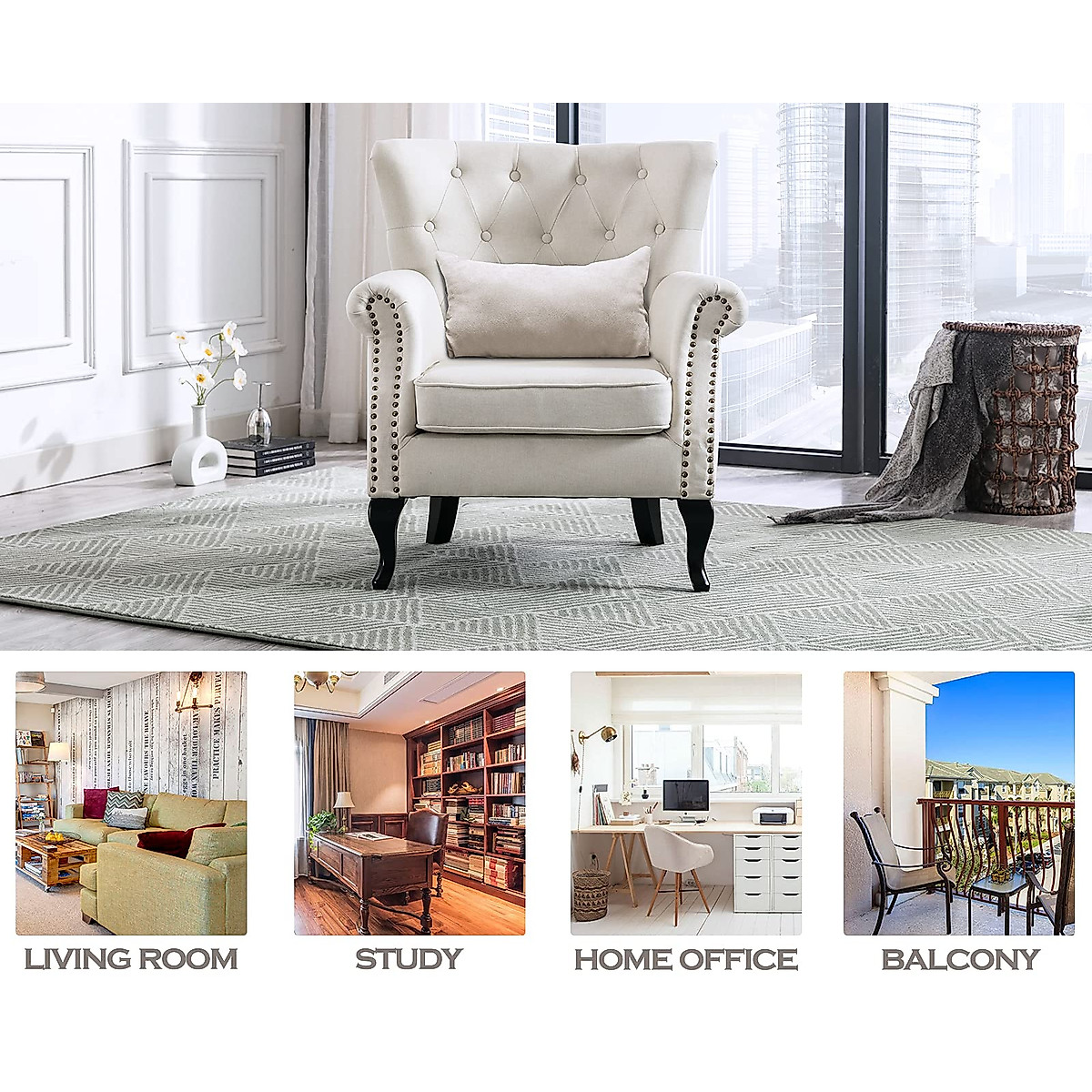 Kmax Fabric Club Chair Tufted Throne Chair Mid Century Accent Wingback Chair Padded Seating Wood Legs Home Club Bedroom Living Room, Beige