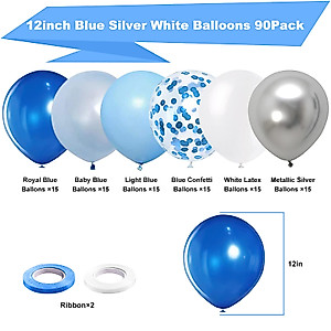 Blue and Silver Balloons 90Pcs Royal Blue and Silver Confetti Balloons 12 Inches White and Blue Latex Balloons for Baby Shower, Birthday, Bridal Shower, Wedding Party Decoration