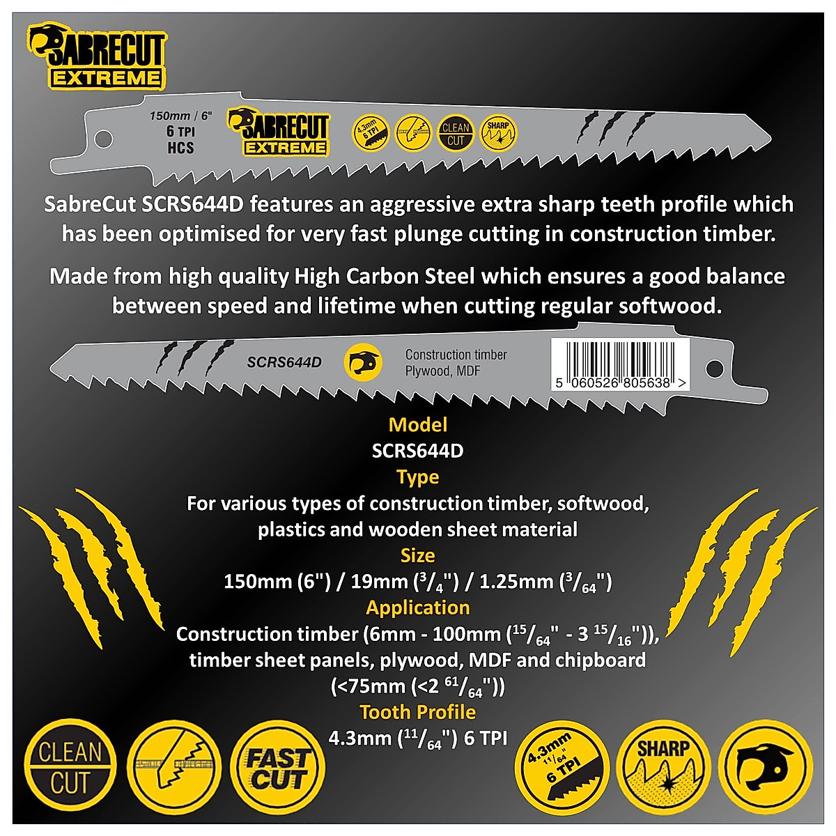 10 x SabreCut SCRS644D_10 5 15/16" (150mm) 6 TPI S644D Fast Wood Cutting Reciprocating Sabre Saw Blades Compatible with Bosch Dewalt Makita and many others