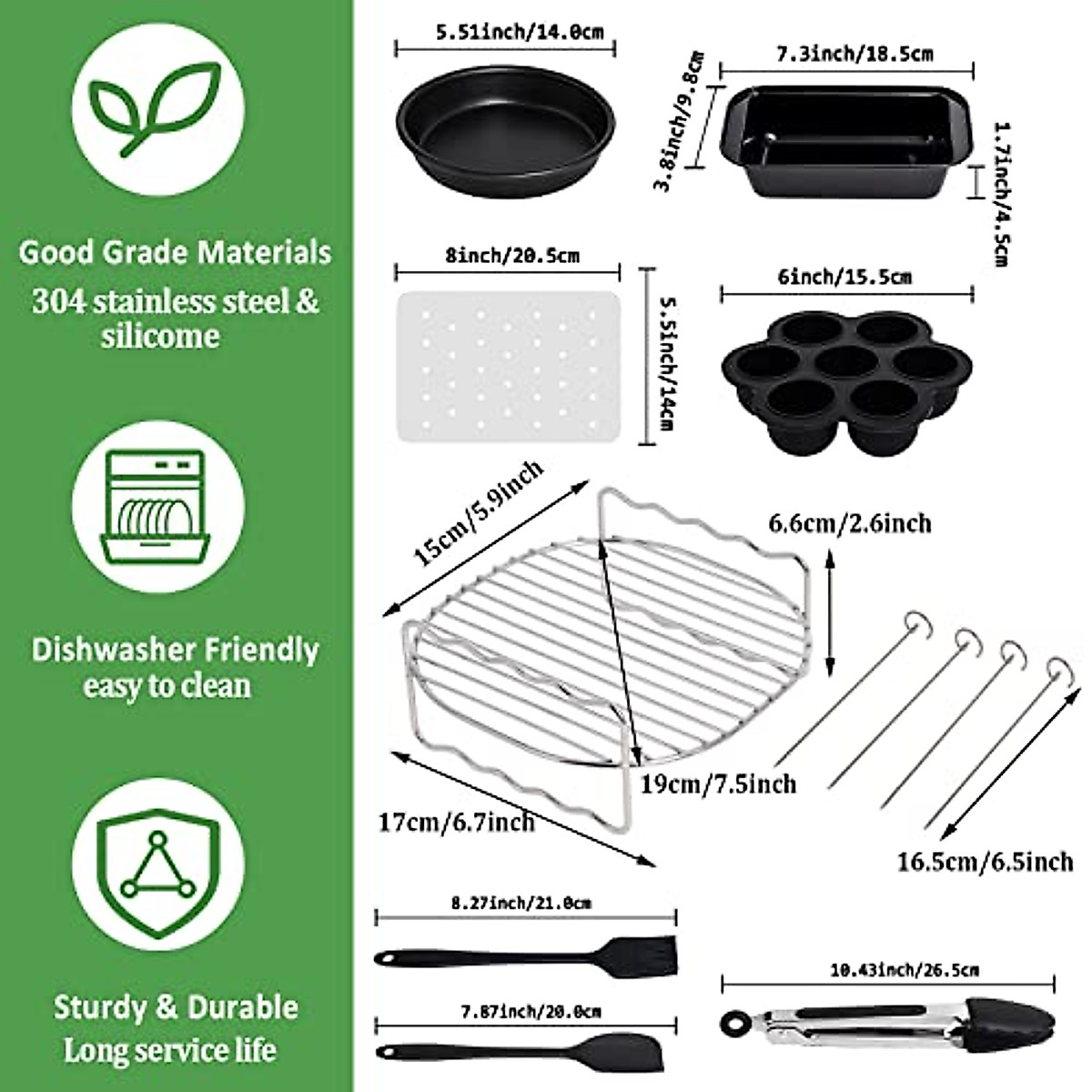 Air Fryer Skewer Rack Compatible with Philips Cosori Ninja Air Fryer 3.5-4.2L, 9Pcs Air Fryer Accessory Including Rack, Pizza Pan, Cake and Egg Mold, Food Grade 304 Stainless Steel Air Fryer Rack