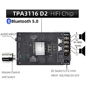Bluetooth Amplifier Board with TPA3116D2 Chip,50W+50W Peak Power Output Class D AMP Module for DIY Wireless Speaker