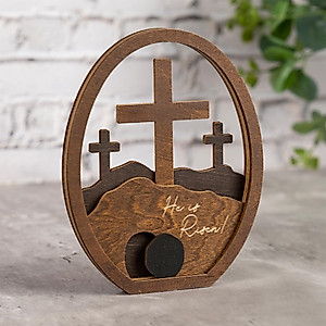 He Is Risen Gifts For Adults, Easter Decor Resurrection Scene Empty Tomb, Christian Table Decorations Indoor, Catholic Cross Jesus Religious Easter Gifts Decor (Walnut Wood)