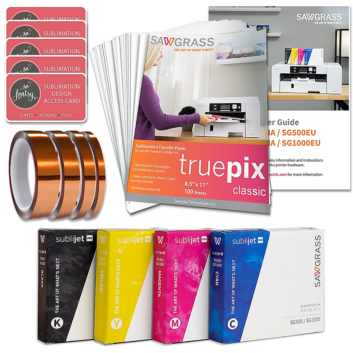 Sawgrass UHD Virtuoso SG500 Sublimation Printer Starter Bundle with Inks, Paper, Tape, Blanks Assortment, Designs and Access to Exclusive Content White, 8.5'' x 11'', (SG500-PRNT-BUNDLE-HD-4)