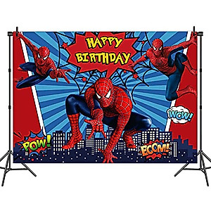 MengGeGe Cartoon Red Spiderman Photography Backdrop Super Cityscape Photo Background Baby Boys Girls Happy Birthday Supplies Superhero Party Banner Cake Table Decorations 8x6ft