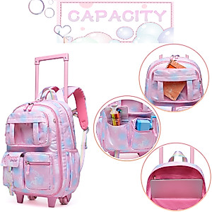 HTgroce Rolling Backpack for Girls School Bookbag with Wheels for Elementary Student Wheels Roller Trolley Luggage Suitcase Pink