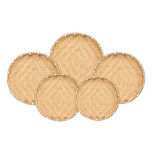 LiLaCraft Set 5 Handwoven Star-Patterned Bamboo Serving Trays, Decorative Flat Wicker Baskets for Food Storage, Fruit and Snacks Holder, Shallow Wicker Trays for Kitchen, Bedroom, Bathroom