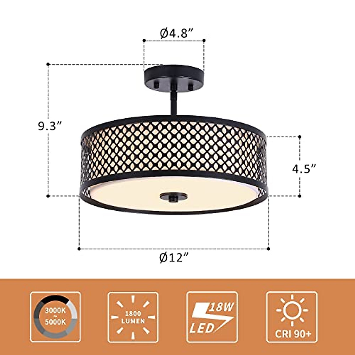 OUVR Industrial Semi Flush Mount Ceiling Light, Modern Close to Ceiling Lamps for Living Room, Bedroom, Dining Room, Kitchen, Hallway, Entry, Foyer