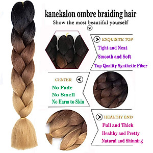 SHUOHAN 6 Packs Ombre Jumbo Braiding Hair Extensions 24 Inch High Temperature Synthetic Fiber Hair Extensions for Box Braids Braiding Hair (Black to Brown to Beige)