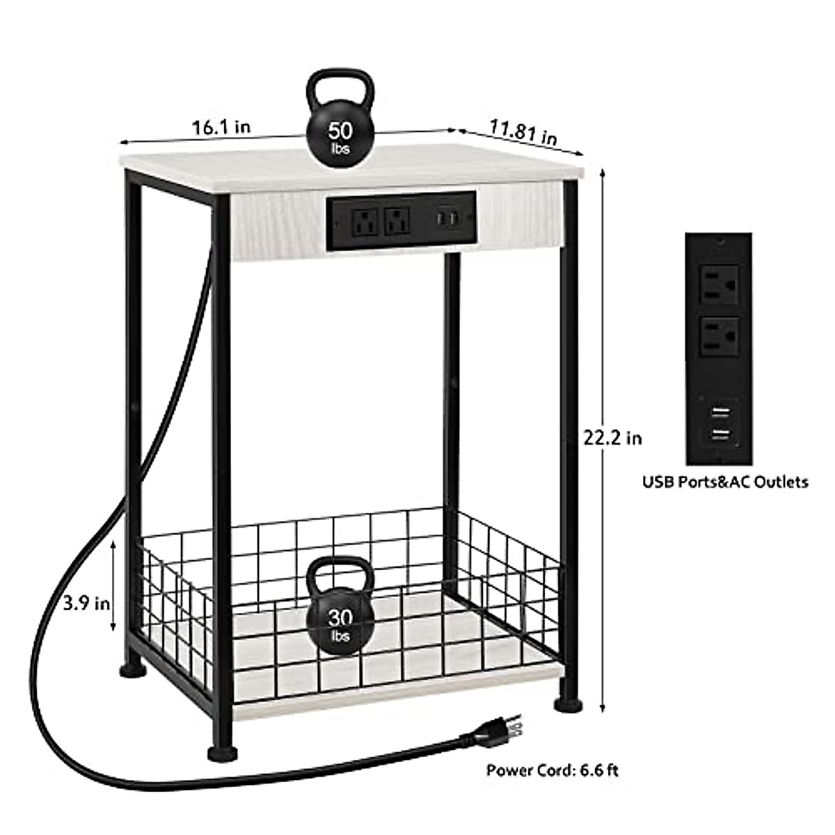 Vrisa Nightstands Set of 2 with Charging Station Small Bedside Tables with Storage Basket Farmhouse Night Stand with USB Ports and Outlets for Bedroom Living Room Home Decor Gray White