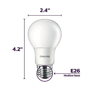 Philips LED Non-Dimmable A19 Frosted Light Bulb: 800-Lumen, 5000-Kelvin, 9-Watt (60-Watt Equivalent), E26 Base, Daylight, 4-Pack,455600