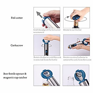 KITCHENDAO 3 in 1 Wine Bottle Opener Corkscrew with Foil Cutter, Beer Bottle Opener with Magnetic Cap Catcher, Works Easily Like Electric Opener, Wine Corkscrew, Gifts for Men and Women