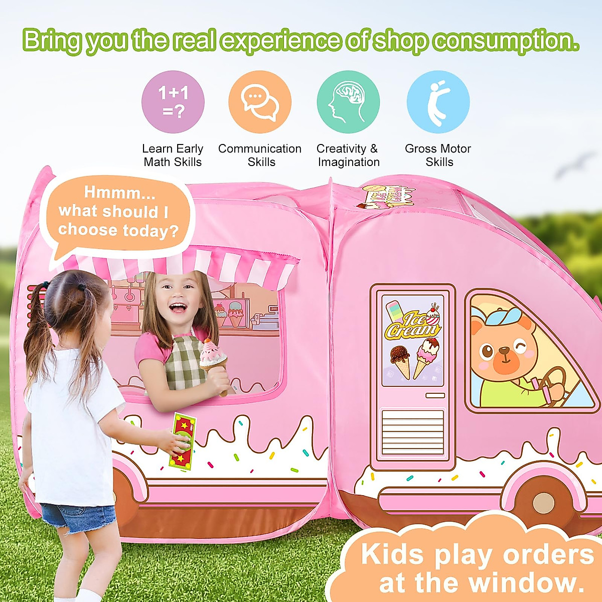 Ice Cream Truck Play Tent for Kids, 45 Pc. Pretend Play Toy Food Set, Pop Up Playhouse with Children’s Play Tent Ball Pit, Great Gifts for Toddlers, Baby, Boys & Girls（Ball Pit Balls Not Included）