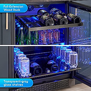 Zephyr 24" Wine Fridge & Beverage Refrigerator Single Zone Under Counter - Mini Wine Cooler Cellars Small Beer Cabinet Drink Chiller Freestanding with French Glass Door Black, 7 Bottles, 112 Cans