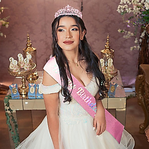 YISSION Birthday Girl Sash & Crown Pink Princess Tiara Crown for Women Girls Happy Birthday Queen Crown & Sash Birthday Tiaras & Crowns for Women Crystal Birthday Headband Birthday Party Decorations