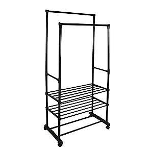 ZOES HOMEWARE Clothes Rack,Double Rod Clothing Rack on Wheels,Large Metal Heavy Duty Clothing Rack with 3 Shelves for Hanging Clothes,Black Rolling Clothes Rack, 65"x 31" x16"