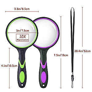 2Pcs 10X Handheld Magnifying Glass Authentic for Kids Seniors, 75MM Thickened Magnifying Lens & Non-Slip Handle with Rope Reading Magnifier for Book Reading, Hobby Observation, Science (Purple+Green)
