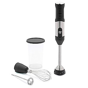 GreenLife Immersion Electric Handheld Stick Blender with Stainless Steel Blades, Whisk, Frother, Measuring Cup and Lid, Soups, Puree, Cake, Multi-Speed Control, Portable, Black