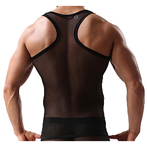 Ouye Men's Mesh See-through Tank Top Vest , Black, US L - (Tag Asian 3XL)