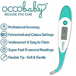 OCCObaby Clinical Digital Baby Thermometer - LCD, Flexible Tip, 10 Second Quick Accurate Fever Alarm Rectal Oral & Underarm Use - Waterproof Baby Thermometer for Infants & Toddlers