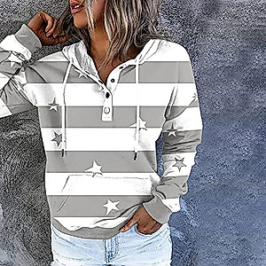 Women Casual Pullover Hoodies Sweatshirt Plus Size Button Down Drawstring Loose Long Sleeve Striped Top with Pockets Gray
