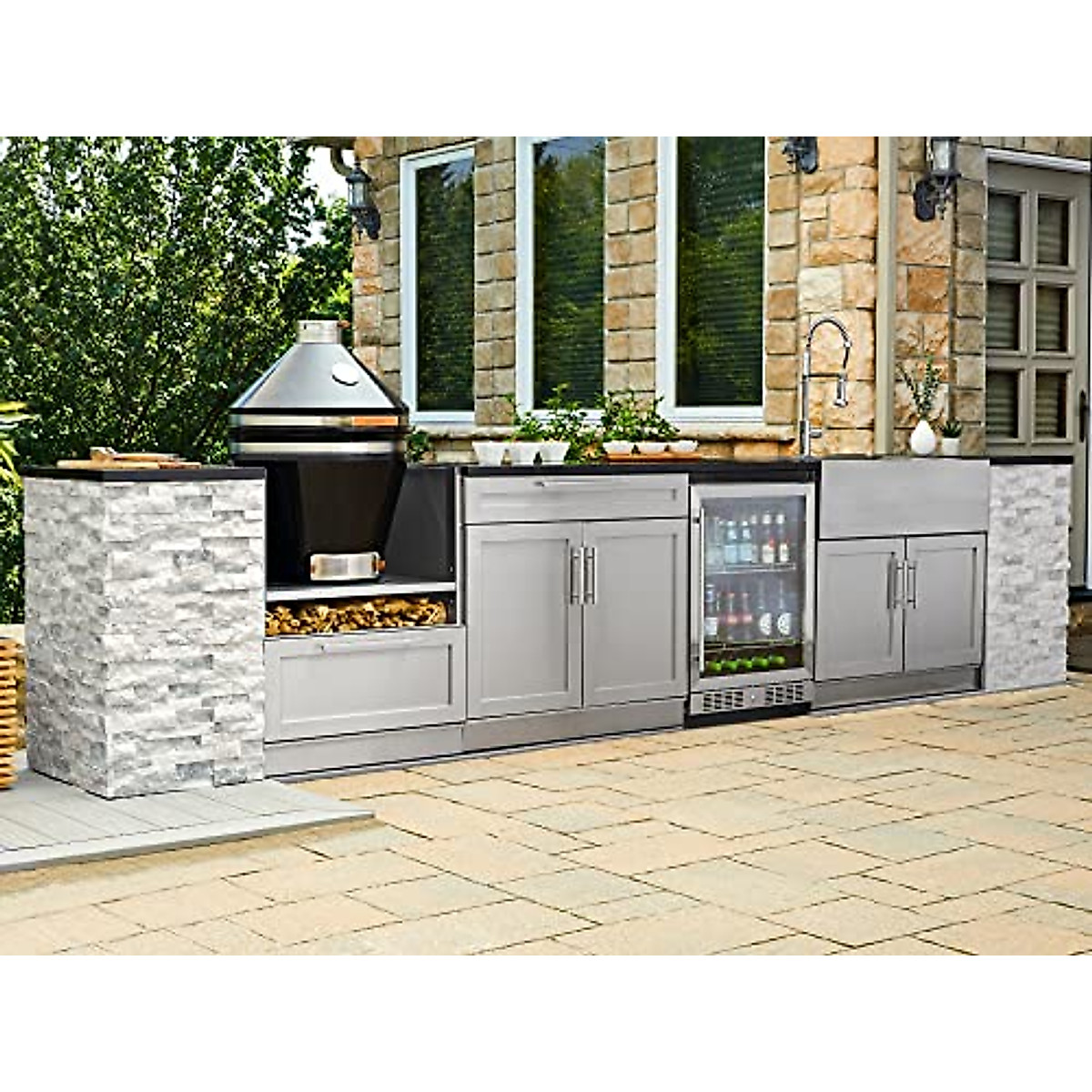 NewAge Products Signature Series 6 Piece Outdoor Kitchen Cabinet Set, Stainless Steel 5-Burner BBQ Liquid Propane Gas Grill, Compact Family Patio Barbecue Grilling Set, Ivory Travertine, 68580