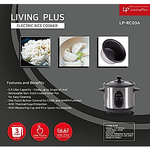 LP Living Plus Electric Rice Cooker, Non Stick Coating, One Touch Button (0.6L/3Cup)