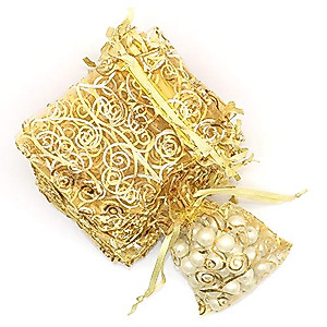 Staruby 100Pcs Gold Organza Bags 3x4 Inches Rattan Printed Organza Gift Bags Mesh Favor Bags Drawstring Jewelry Gift Pouches for Wedding Party Favors Baby Shower Christmas Gifts Candy Bags
