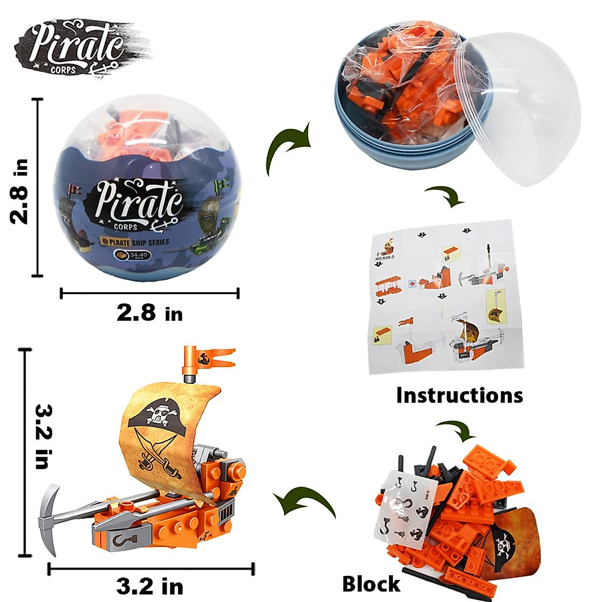 WODMAZ 12PCS PreFilled Easter Eggs with Pirate Ship Building Blocks, Surprise Eggs Filled Pirate Ship Toys Set for Easter Basket Stuffers, Easter Basket Filler, Easter Egg Hunt Classroom Prize Events