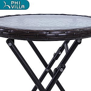 PHI VILLA Outdoor Patio Folding Small Side Table Round with Tempered Glass Top, Rattan Edge and Metal Frame