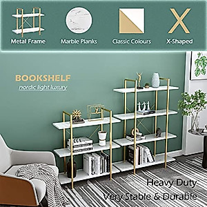 IOTXY 4-Tier Open Shelf Bookcase - Modern Freestanding Wooden Display Stand Unit with Metal Frame for Home and Office, Bookshelf, Gold White