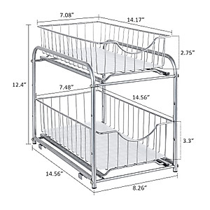 MOOACE 2 Pack Stackable 2-Tier Under Sink Cabinet Organizer with Sliding Storage Drawer, Sliding Basket Organizer for Kitchen, Bathroom, Pantry, Cabinet, Silver