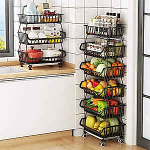 tristonsong Fruit Storage Basket, 6 Tier Rolling Stackable Vegetable Fruit Basket Utility Cart Rack, Storage Organizer Bin for Kitchen, Pantry Closet, Bedroom, Bathroom-6 tier