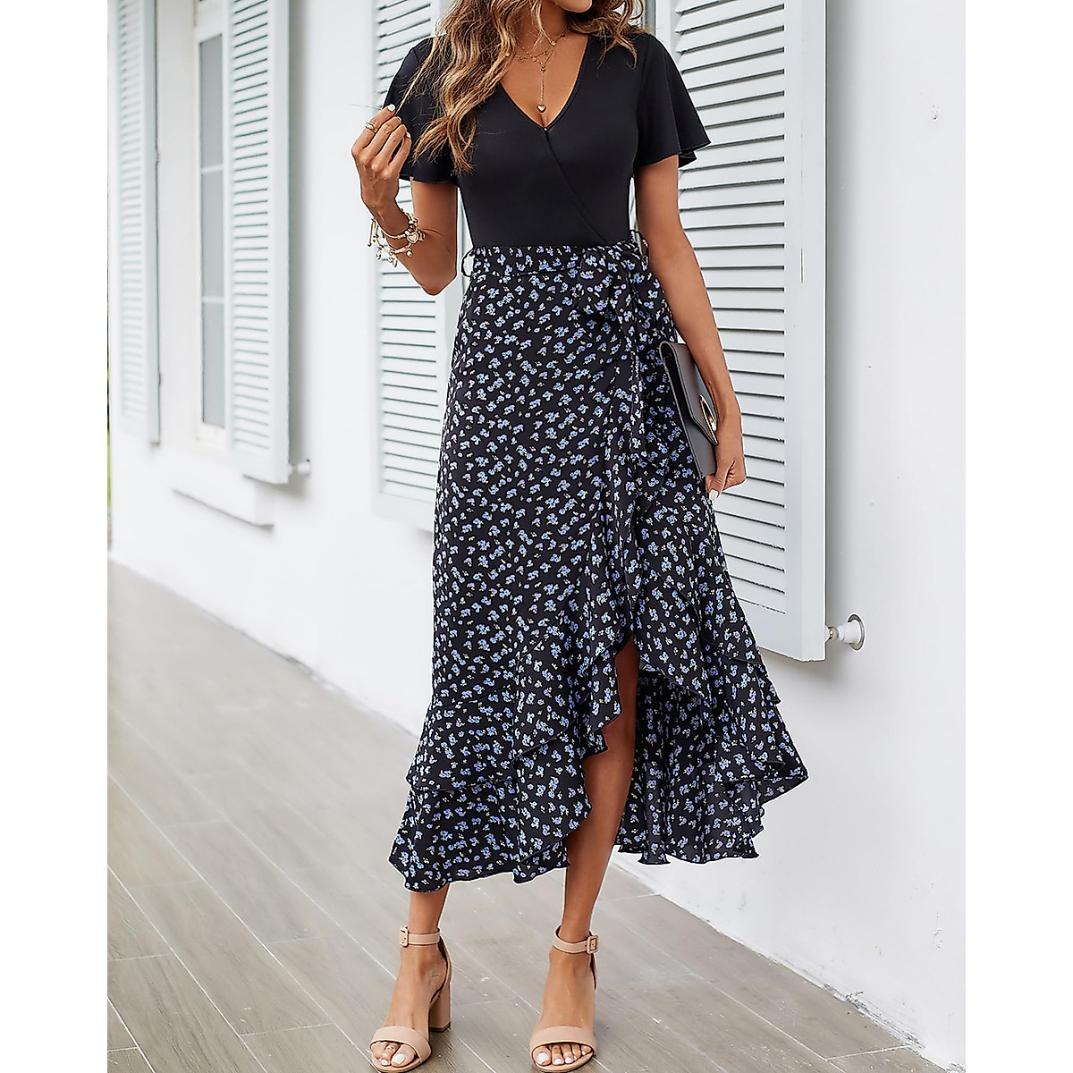 BTFBM Womens Maxi Summer Dresses 2025 Short Sleeve V Neck Boho Floral Print Belted High Low Ruffle Party Cocktail Dress(Floral Black Blue, X-Large)