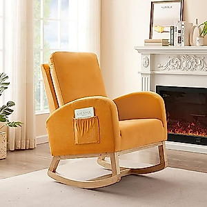 BeiXuan Modern Wood Indoor/Outdoor Rocking Chairs, Single Sofa Accent Nursery Rocking Chair with High Back Side Bag,Upholstered Glider Rocker for Living Room/Bedroom/GardenPatio,Orange Flannel Cloth