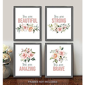 Confetti Fox Girls Inspirational Words Wall Decor, Pink Floral Modern Art, Positive Motivational Quotes, Teen Flowers Affirmations Typography Posters (8x10 Unframed Set of 4 Prints)