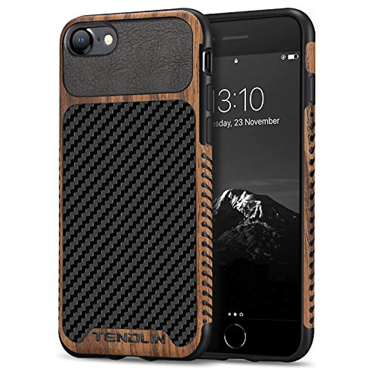 TENDLIN Compatible with iPhone SE 2022 Case (3rd Gen)/iPhone SE 2020 Case (2rd Gen)/iPhone 8 Case/iPhone 7 Case Wood Grain with Carbon Fiber Texture Design Leather Hybrid Slim Case Black