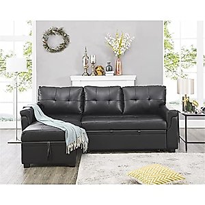Naomi Home Jenny Sectional Sleeper Sofa - Elegant L-Shaped Couch Convertible Pull-Out Bed, Ample Storage, Timeless Design, Sturdy Construction, Long-Lasting for Modern Living, Air Leather, Black