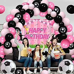 Wonmelody Soccer Birthday Party Decors for Girl Football Birthday Party Decor Sports Birthday Party Supplies Soccer Girl Happy Birthday Backdrop Pink Black Balloon Arch for Football 1st Birthday Party
