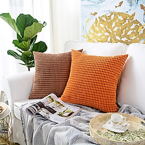 MERNETTE Pack of 2, Corduroy Soft Decorative Square Throw Pillow Cover Cushion Covers Pillowcase, Home Decor Decorations for Sofa Couch Bed Chair 18x18 Inch/45x45 cm (Granules Orange)