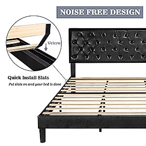 Allewie King Bed Frame with Adjustable Diamond Stitched Button Tufted Headboard/Faux Leather Upholstered Platform Bed with Easy-Assembly Wood slats, Black