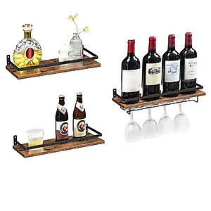 HOOBRO Wall Mounted Wine Rack 3 Pack, Wine Shelf Hanging Floating Wall Shelves, Wine Glass Bottle Rack Stemware Holder, for Living Room, Dining Room, Kitchen, Rustic Brown and Black BF34BJ01