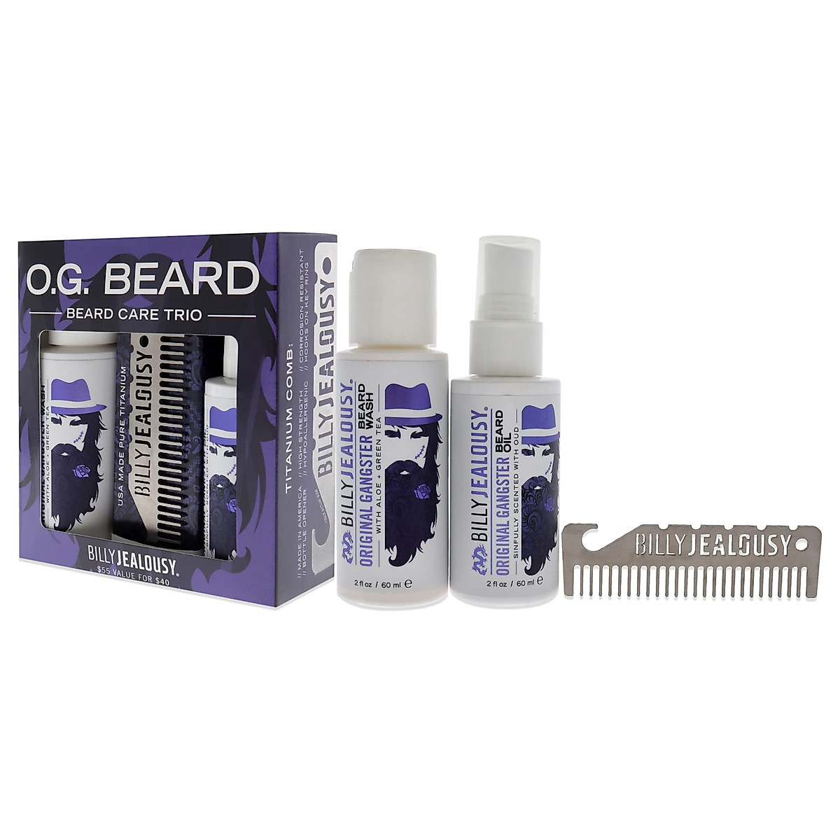 Billy Jealousy Original Gangster Beard Kit with Trave Size Beard Wash, Oil and Titanium Keychain Comb to Cleanse, Stengthen & Soften Facial Hair, Oud Wood Scent