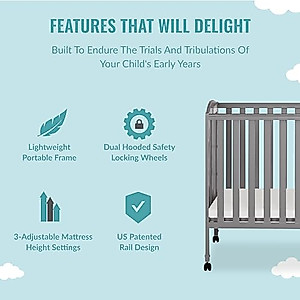 Dream On Me 3 in 1 Portable Folding Stationary Side Crib in Steel Grey, Greenguard Gold Certified, Safety Wheels with Locking Casters, Convertible, 3 Mattress Heights