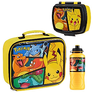 Pokemon Kids Insulated Lunch Bag, Lunch Box and Water Bottle, 3 Piece Set (Amarillo)