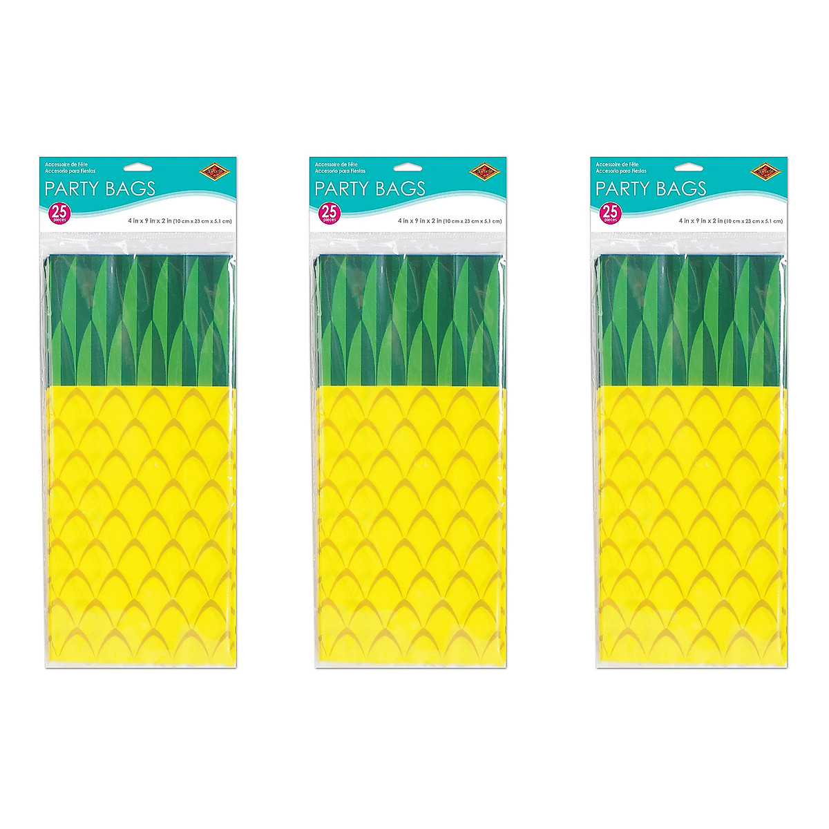Beistle 75 Piece Tropical Treat Favor Bags - Luau Party Pineapple Cello Candy Bags With Twist Ties