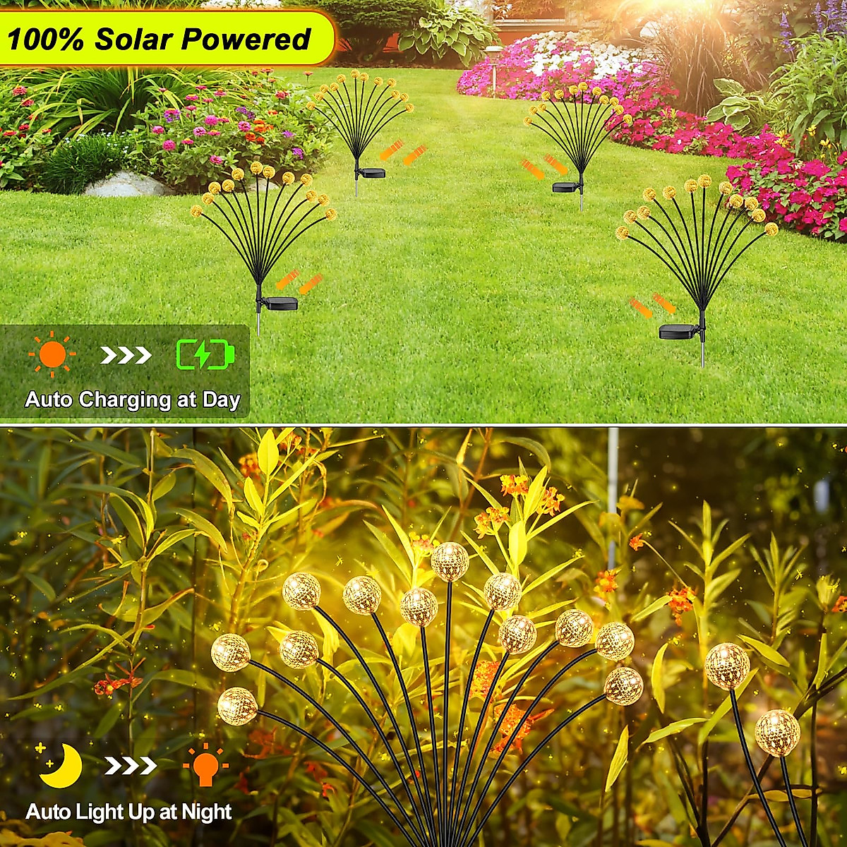 Solar Garden Lights 4 Packs 48 LED, Firefly Lights Solar Outdoor Waterproof, Moroccan Swaying Outdoor Lights with 2 Modes, High Flexibility Solar Powered Yard Patio Walkway Decoration Warm White
